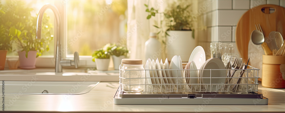 Woman loading dirty dish into dish wash machine. Female washing dishes ...