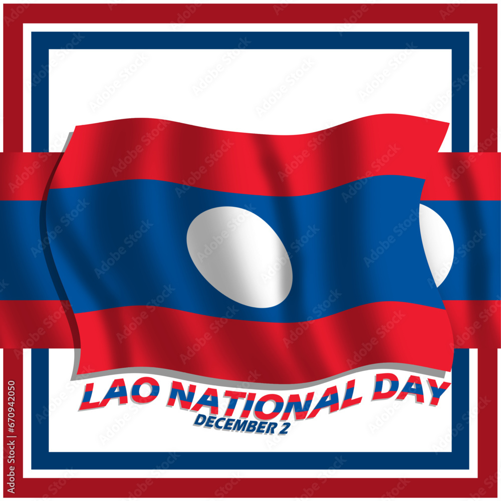 Waving Lao flag with ribbon and bold text in frame on white background ...