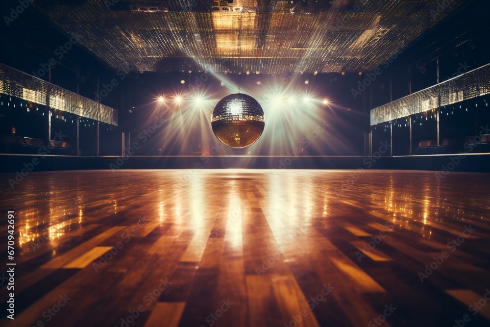 Empty disco hall with disco ball and lights, background stage ramp ...
