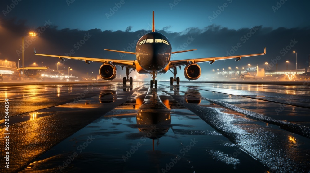 A sleek, dark-colored airplane sits stationary on a rain-soaked tarmac ...