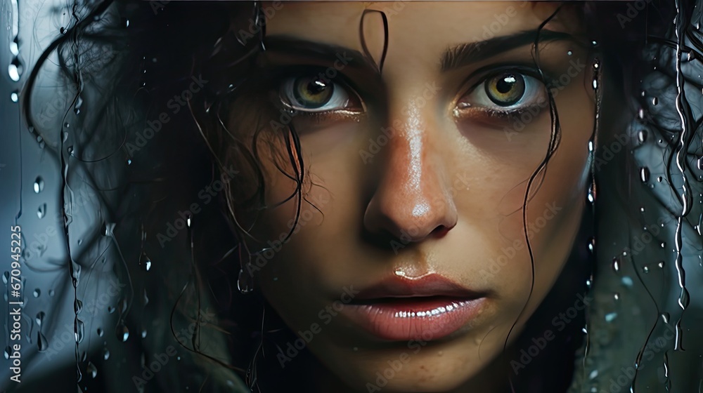 Sad unhappy face drawn on fogged glass on a wet rainy grey window soft ...