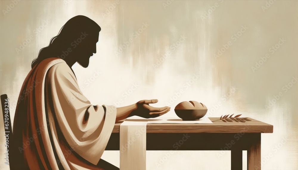 Jesus Breaking breadJesus Christ with bread during Last Supper. Stock Illustration | Adobe Stock