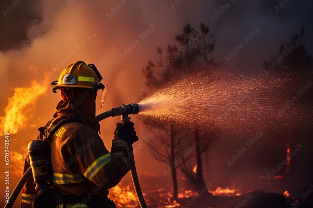 Fireman from behind with extinguisher putting out wildfire in the ...