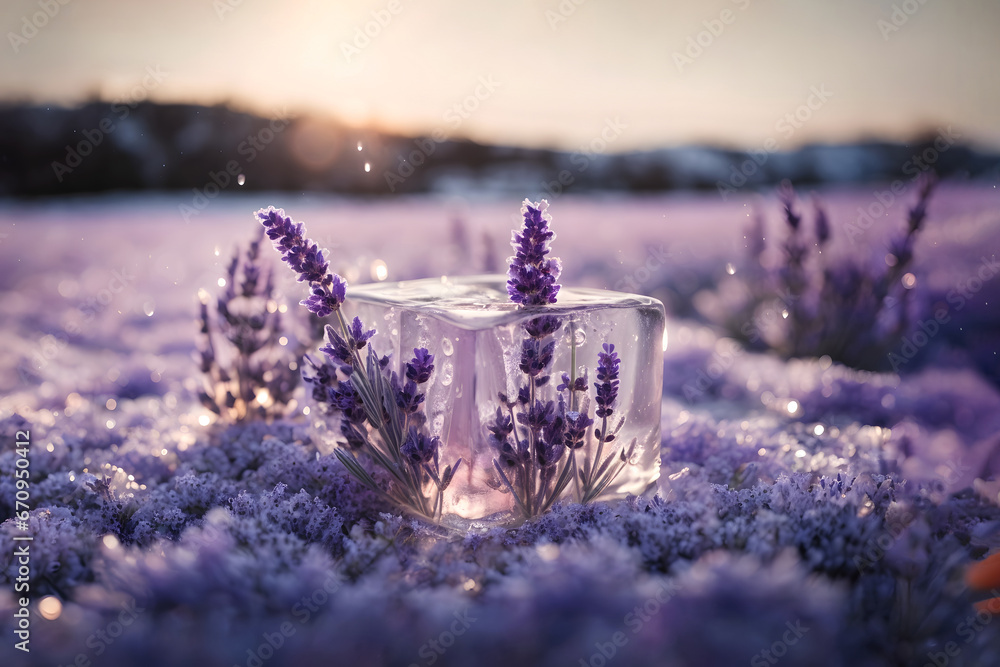Lavandula angustifolia in an ice cube in a lavender field covered with ...
