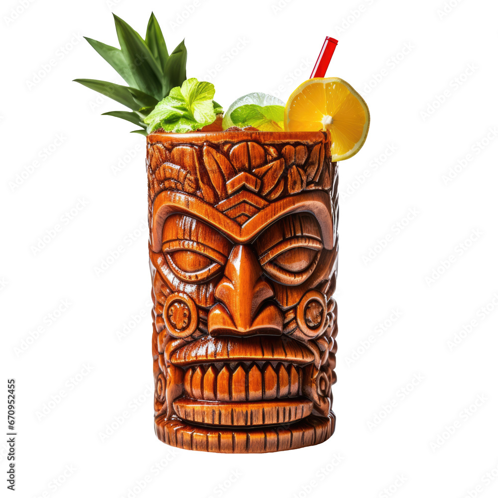 Tropical drinks served on tiki mugs isolated. Tiki cocktail for beach ...