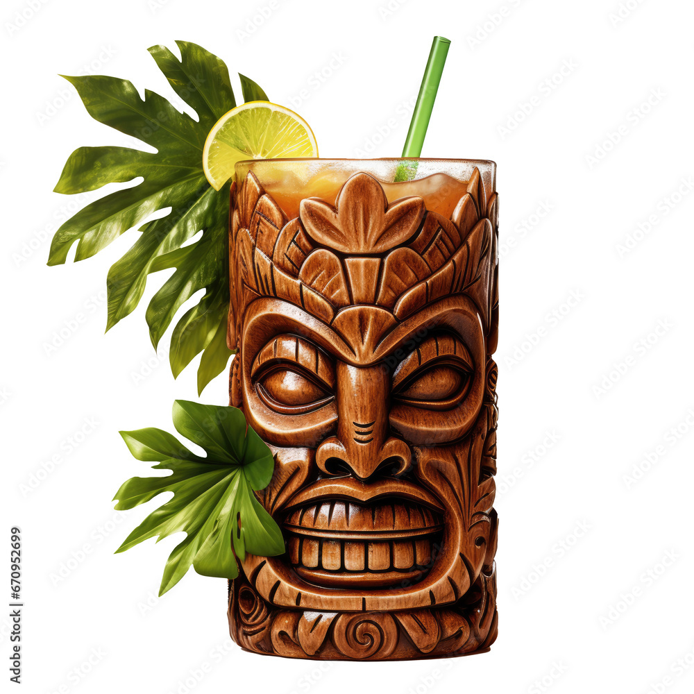Tropical drinks served on tiki mugs isolated. Tiki cocktail for beach ...