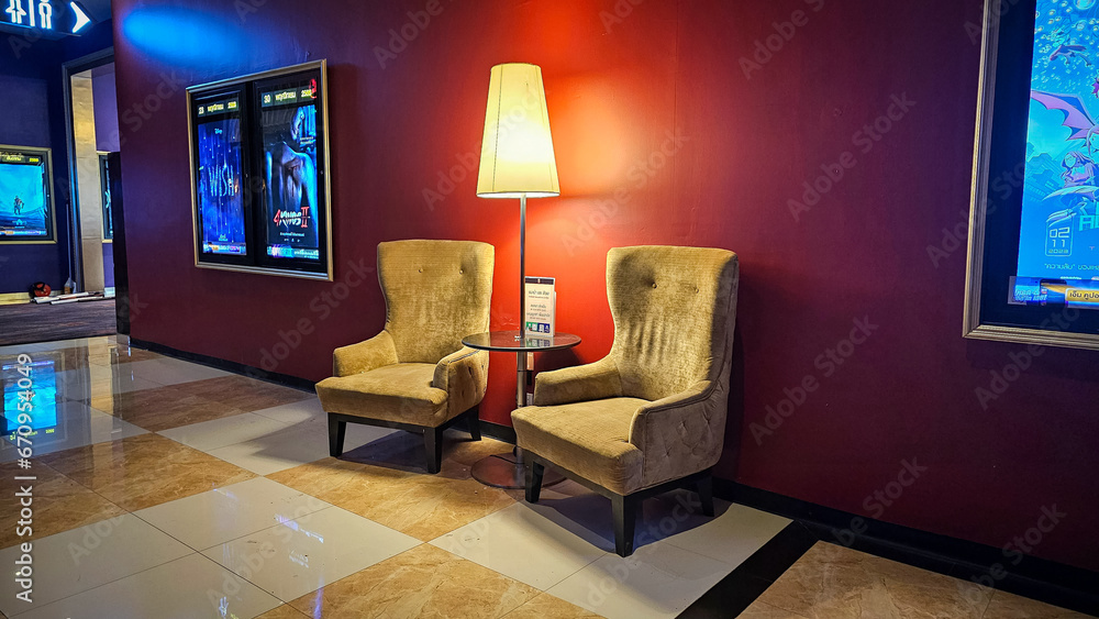 The atmosphere in a Major Cineplex waiting room is empty and no people ...