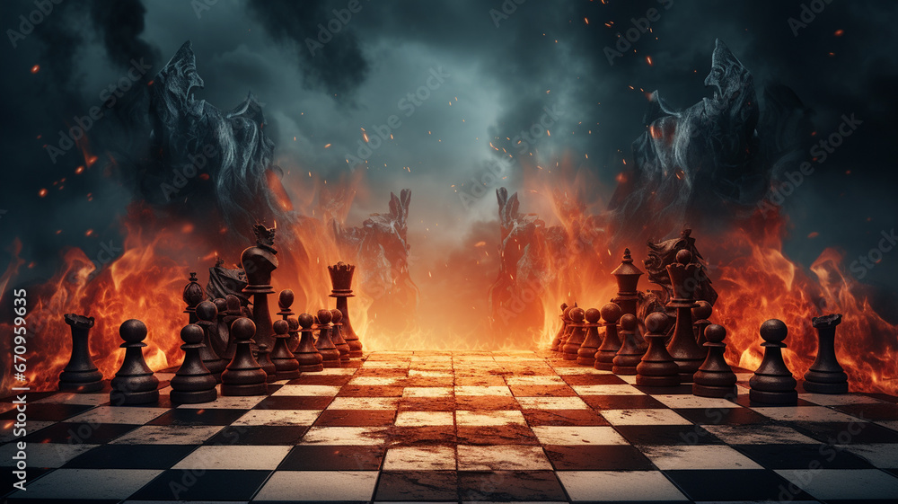 chess board game with pieces and fire on the background Stock Photo ...