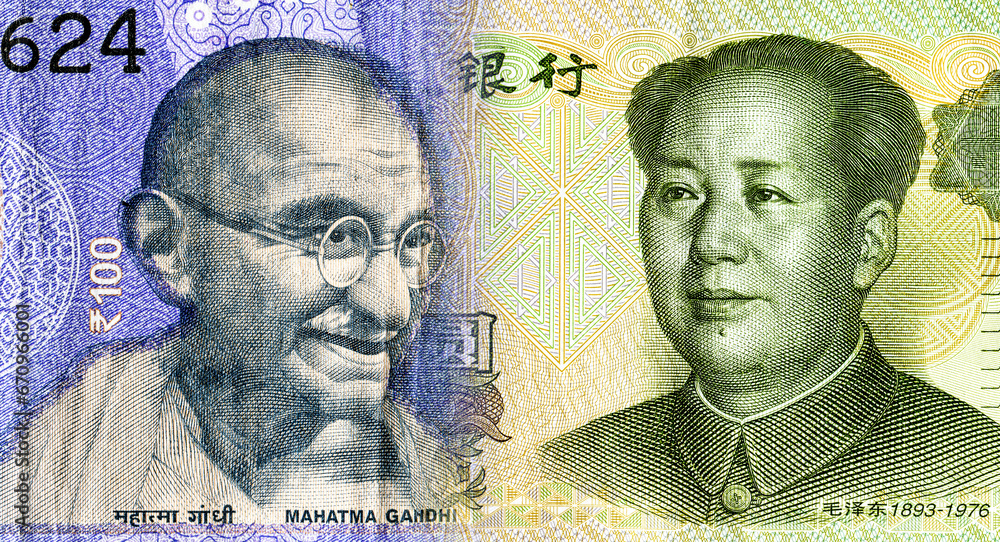 Photo & Art Print Portraits of Mahatma Gandhi on Indian rupees and Mao ...