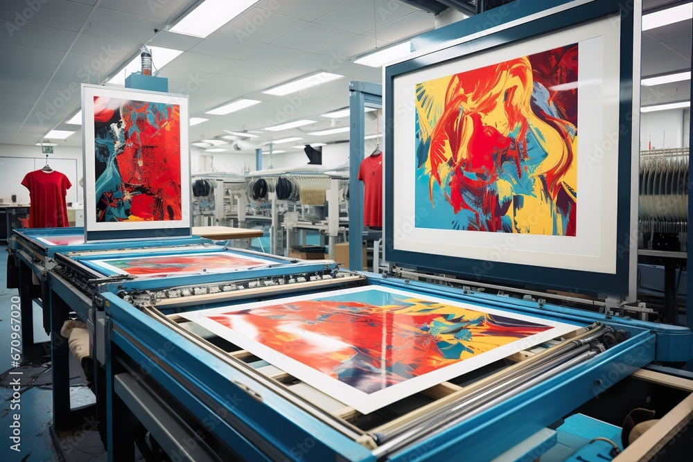 Serigraphy silk screen print process at clothes factory frame squeegee ...