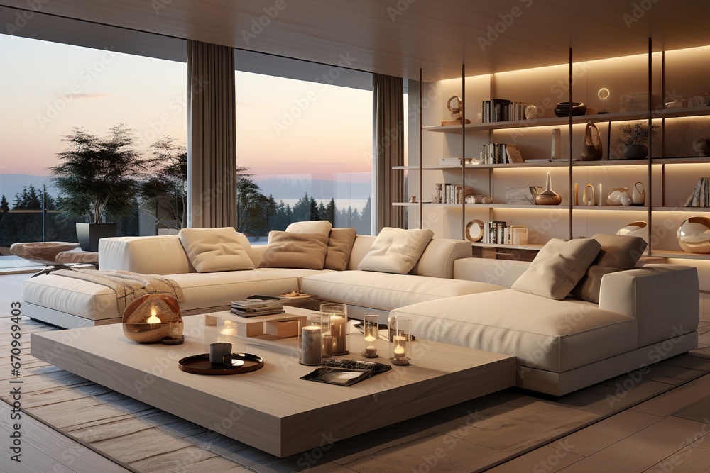 Canapé dans un salon moderne, cosy et chaleureux avec une grand fenêtre ...