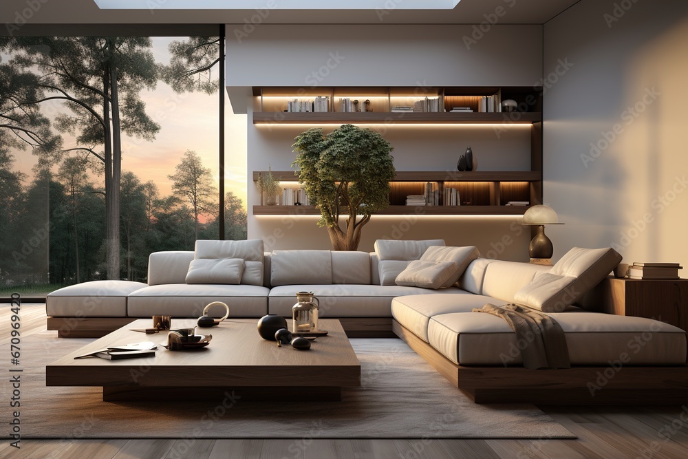 Canapé dans un salon moderne, cosy et chaleureux avec une grand fenêtre ...