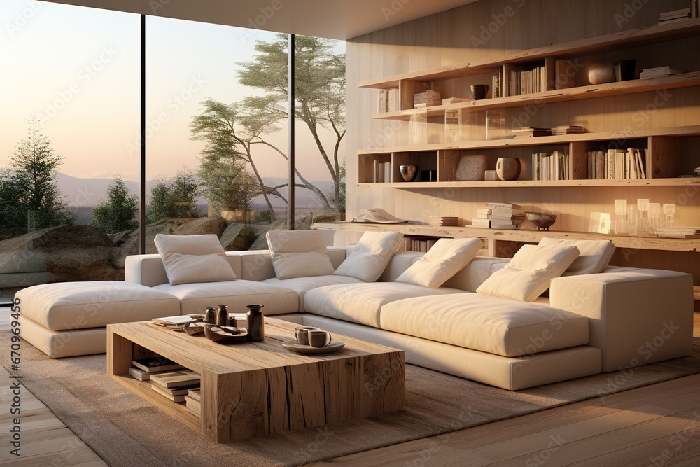 Canapé dans un salon moderne, cosy et chaleureux avec une grand fenêtre ...