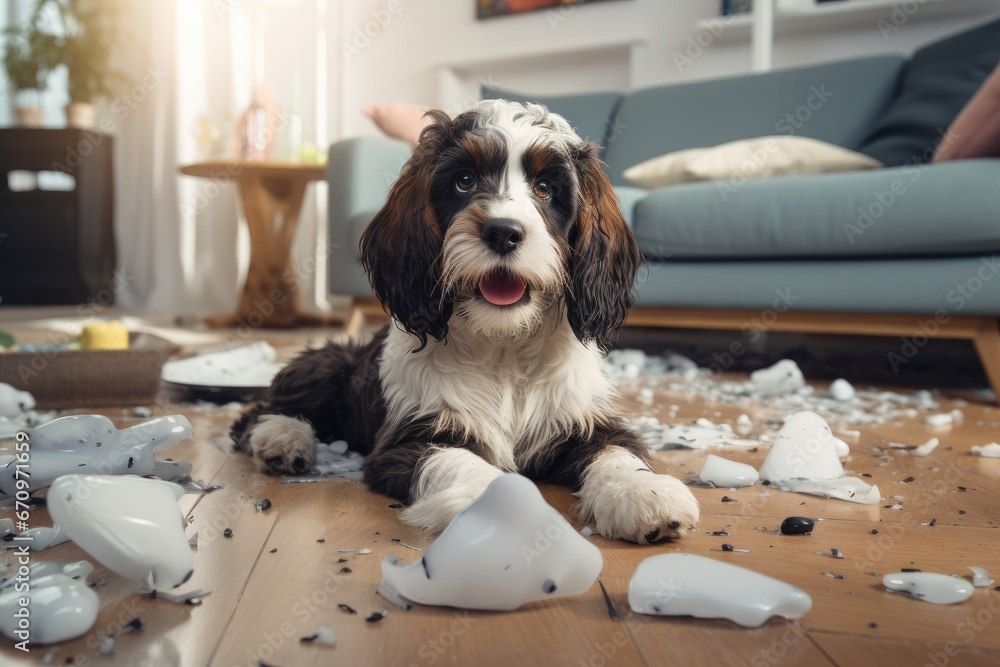 Mischief dog made a mess while being home alone in the living room ...