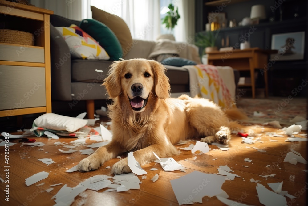 Mischief dog made a mess while being home alone in the living room ...