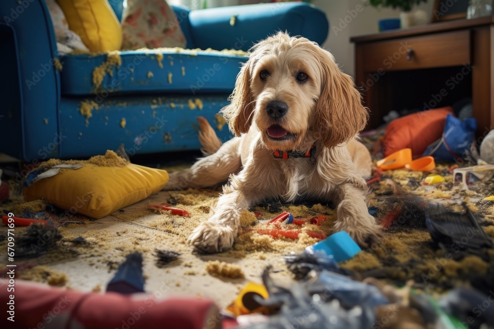 Mischief dog made a mess while being home alone in the living room ...