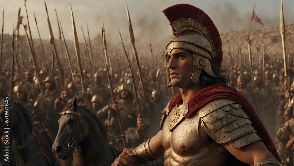 portrait of Alexander the Great standing in front of his army, battle ...