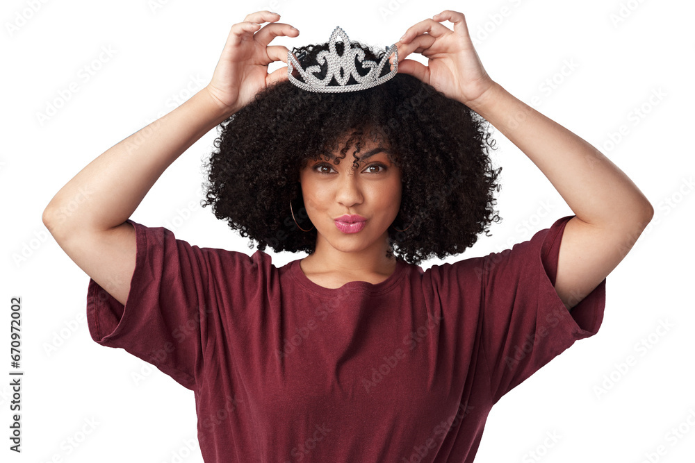 Woman, kiss face and crown, queen and beauty, afro hair and royal ...