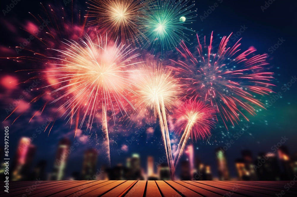 Wooden balcony background with free space against colorful fireworks ...