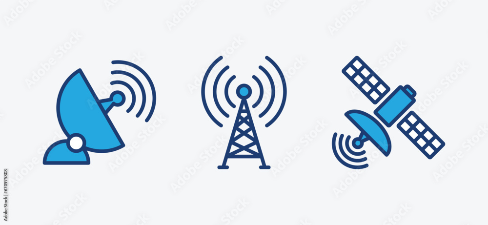 Satellite icon set. Satellite, antenna, wireless, satellite dish ...