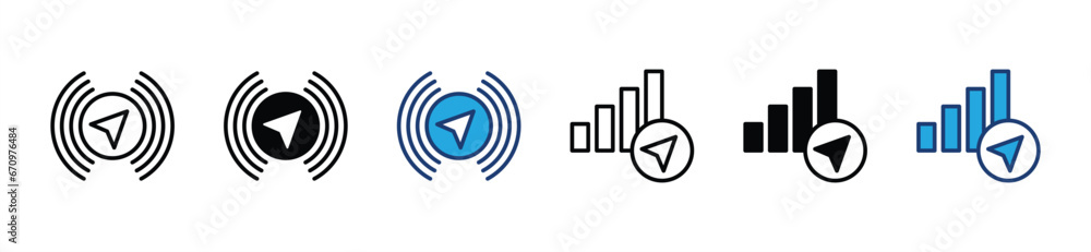 GPS signal icons. GPS signal strength icon symbol. Navigation arrow ...