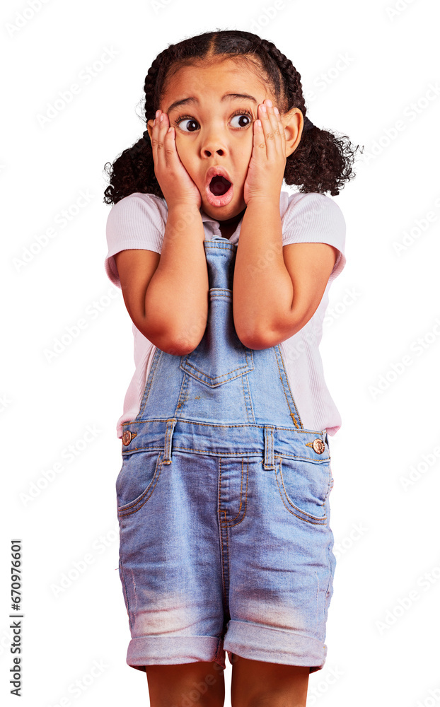 Shocked child, girl and hands on face isolated on transparent, png ...