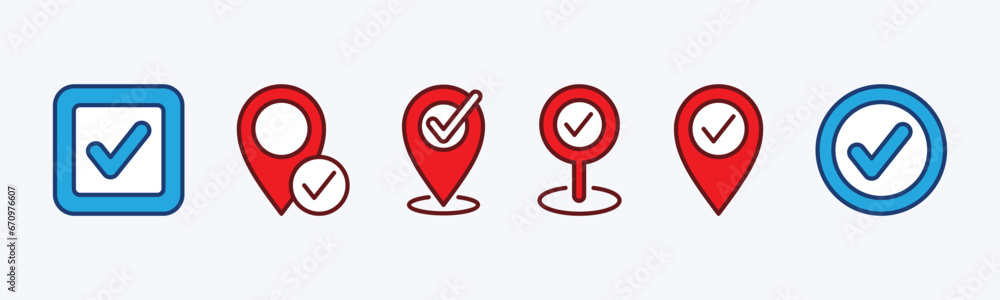 Map pin location checkpoint icon set. Map markers with check mark sign ...