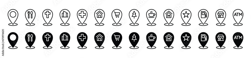 Public places map pin location icon set. Map pin markers with public ...