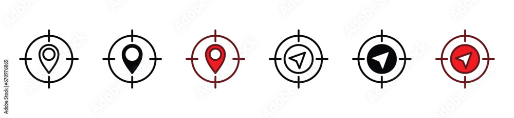 Target travel and trip location icon set. Target destination icons. Aim ...