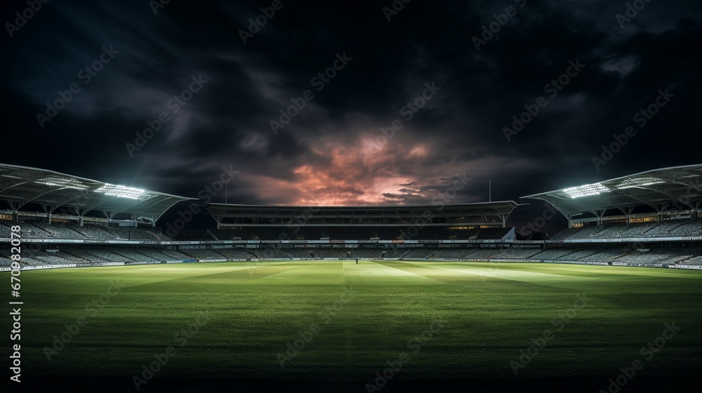 A striking high-definition photograph of a cricket stadium at night ...