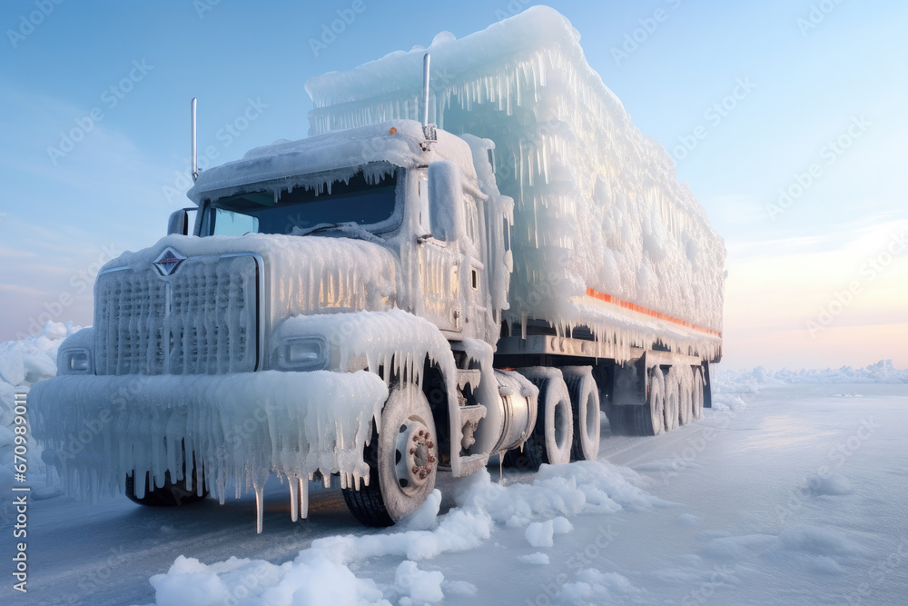 Winter scene of Frozen trucks – heavy goods vehicles covered in ice and ...