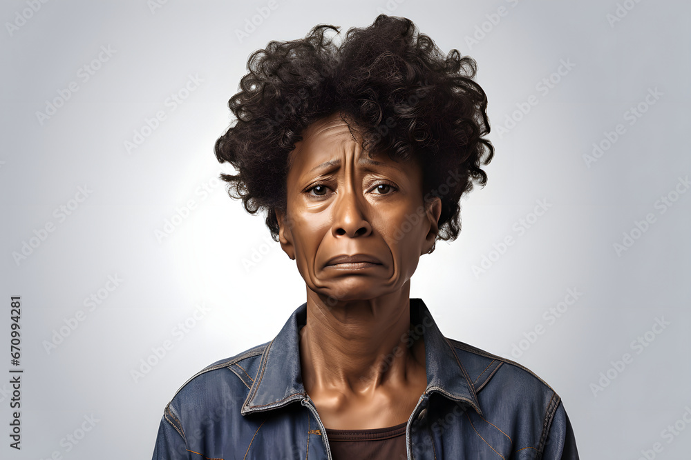 Crying senior African American woman, head and shoulders portrait on ...