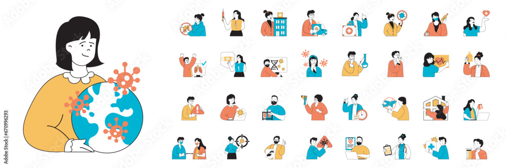 Coronavirus concept with people situations mega set in flat web design ...