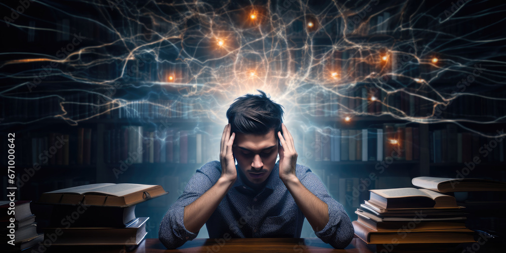 Stressed student in study room with AI imagery simulating brain ...