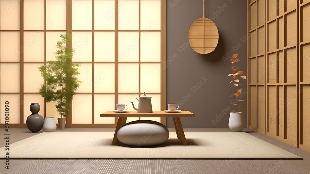 Wood chabudai traditional Japanese short legged table, round pouf seat ...