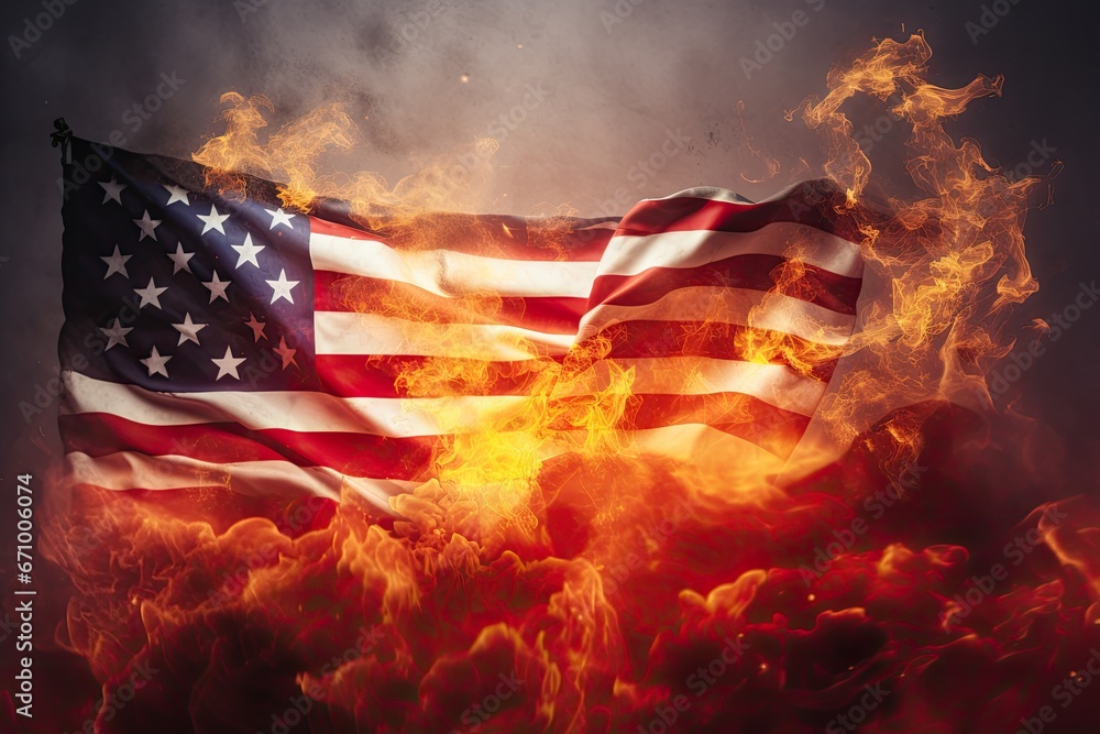 American flag burning in flames on a dark background. 3d illustration, USA vs China Flag on fire ...