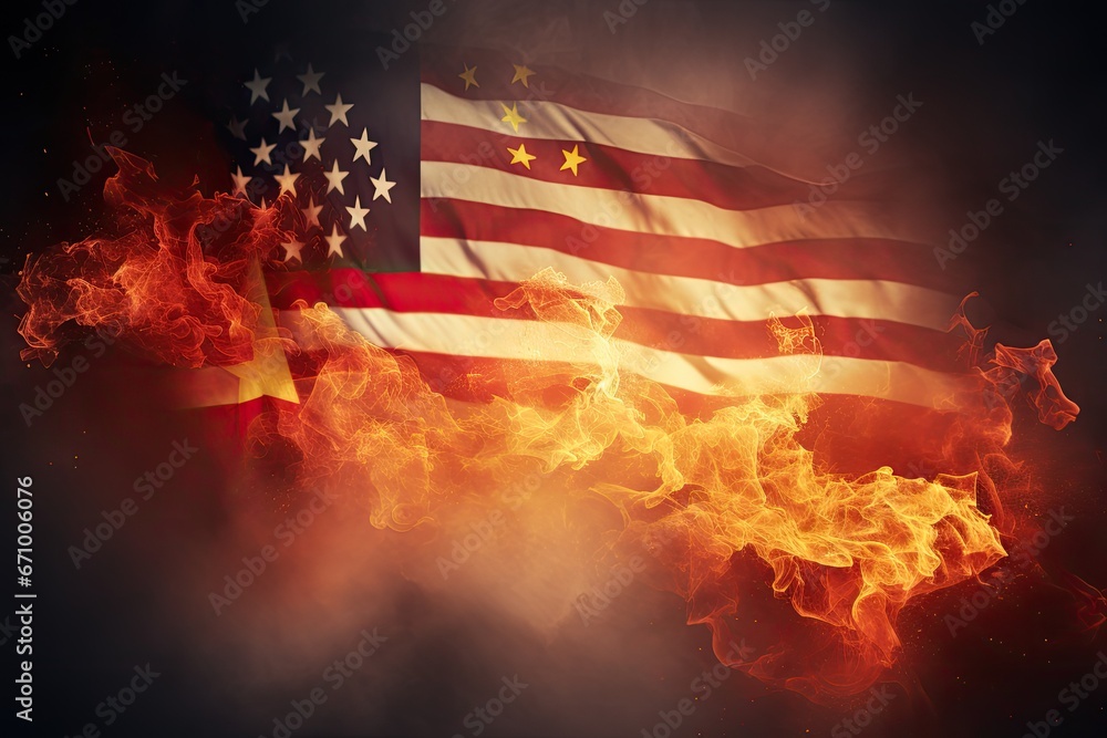 United States of America flag with fire and smoke on a dark background ...