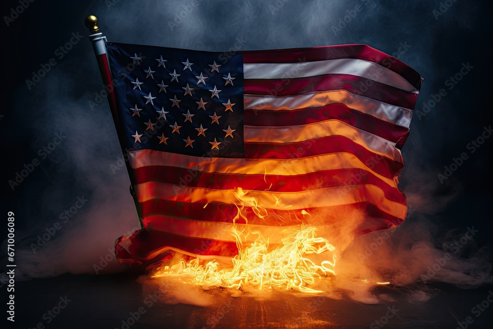 United States of America flag burning in the dark with smoke and flames ...