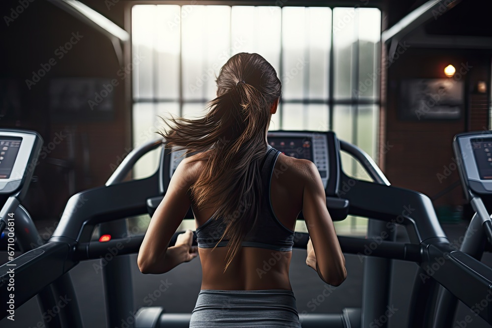 Rear view of young sporty woman running on treadmill in gym, Woman ...