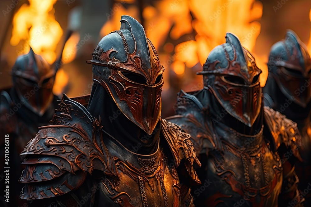 Medieval knights in armor on fire background. Selective focus, Witness ...