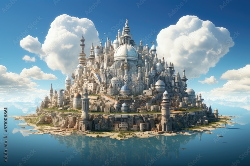 Fantasy landscape with a fantasy temple on the water. 3d rendering ...