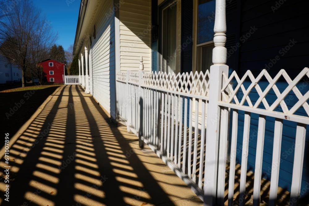 shadows of porch railing patterns on the farmhouse walls Stock Photo ...