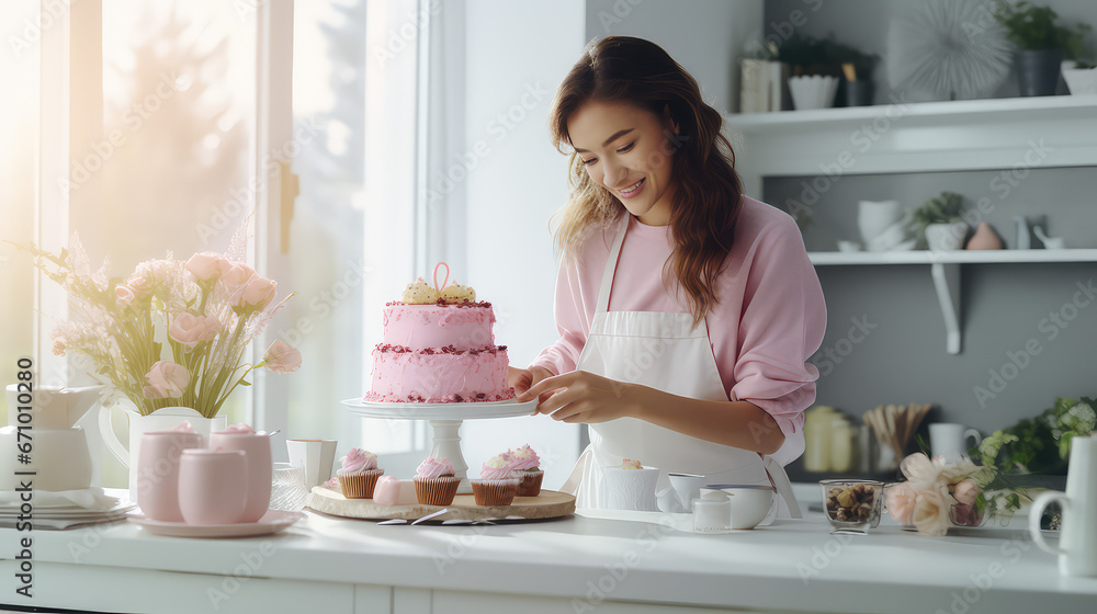 Homemade pastry shop. Happy young female pastry chef preparing a ...