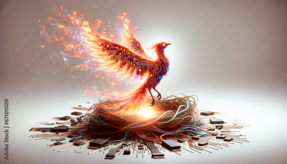 digital phoenix rising from a nest of circuits and wires on a white ...