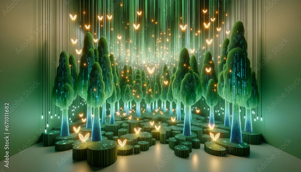 digital forest, where the trees are made of cascading binary code in ...