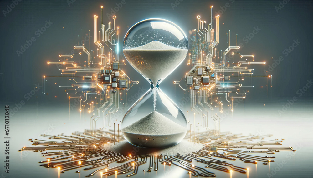 AI-powered hourglass, where the sand grains are tiny microchips and ...