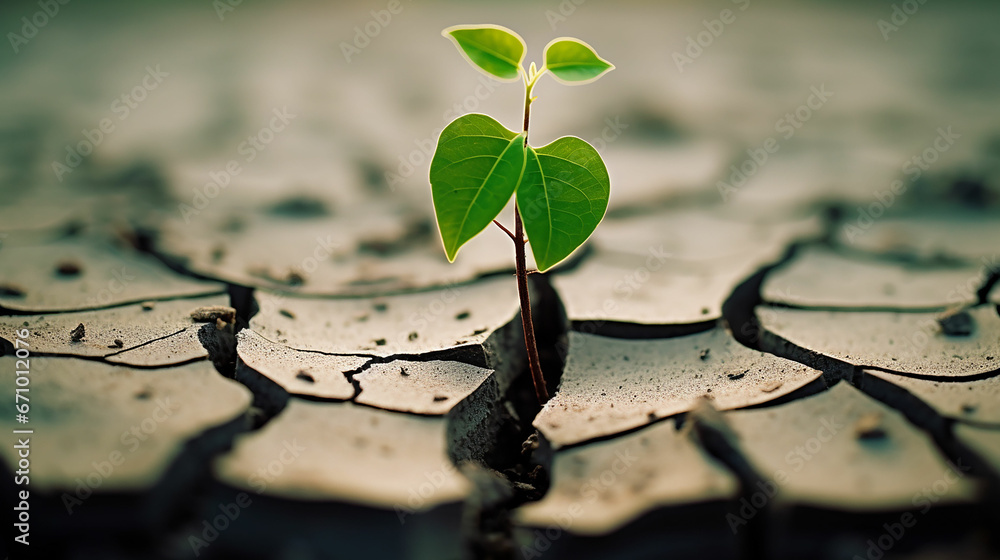 Green plant grow in middle dry cracked earth. recovery environmental ...
