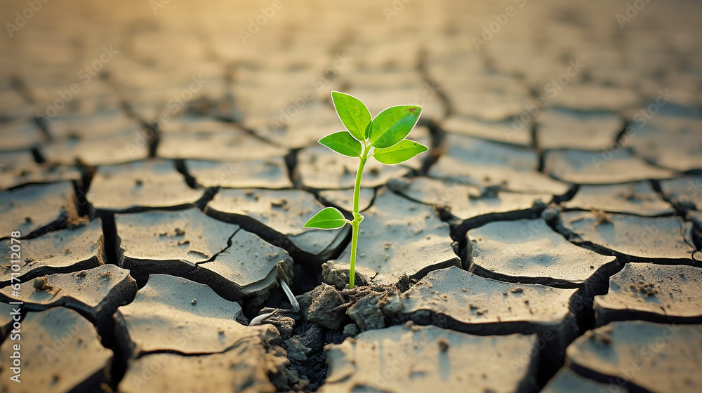 Green plant grow in middle dry cracked earth. recovery environmental ...
