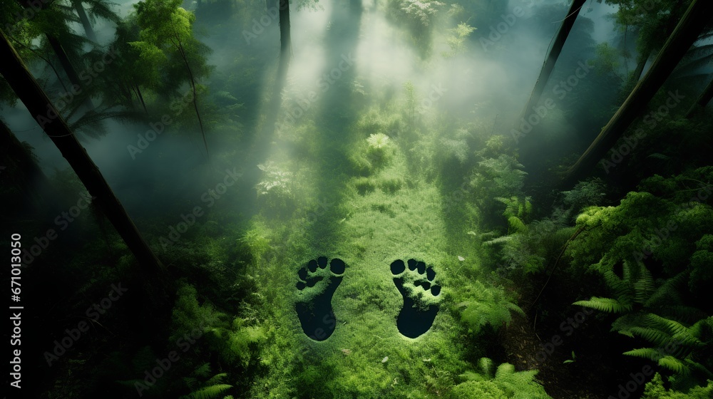 Human footprints imprinted in the lush, untouched greenery of a dense ...