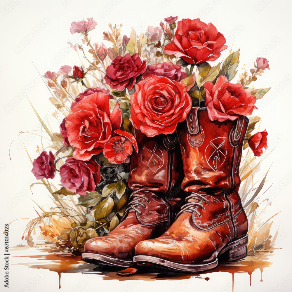 Watercolor Red cowboy boot with red roses white background Clipart ...